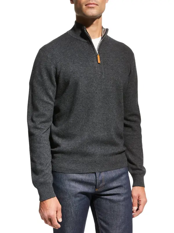 Neiman Marcus Wool-cashmere Quarter-zip Sweater - Dark Grey