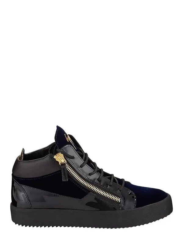 GIUSEPPE ZANOTTI Velvet And Patent Leather Mid-top Sneakers - Navy