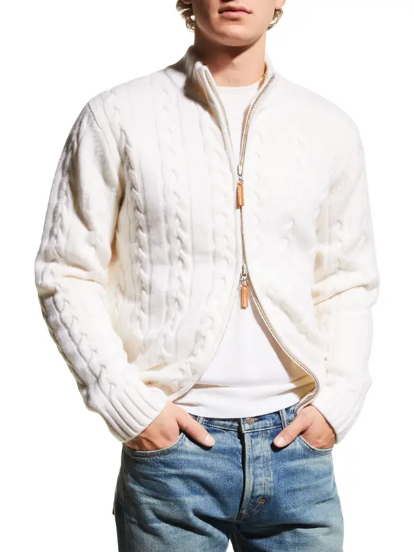Neiman Marcus Merino Wool-cashmere Cable Sweater - Ivory