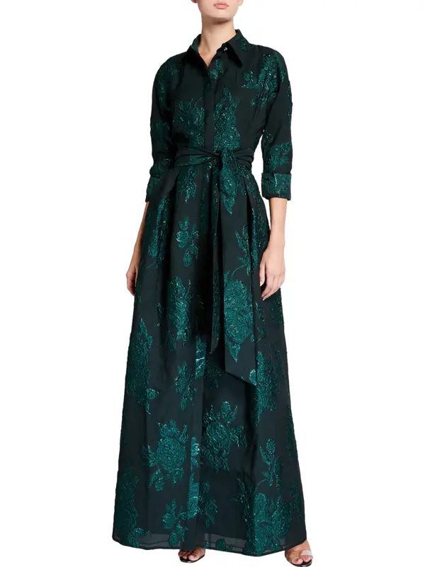 Rickie Freeman For Teri Jon Belted Jacquard Gown - Emerald