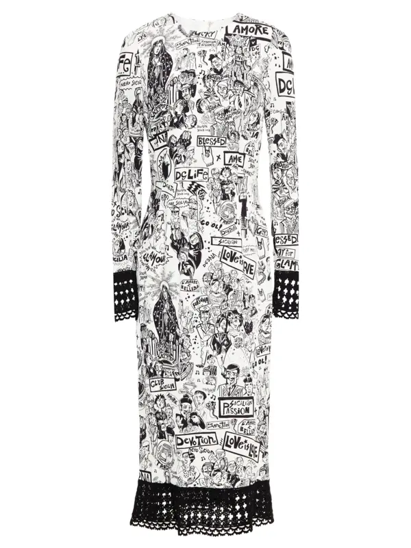 Dolce & Gabbana Printed Crepe Midi Dress With Crochet Trims - White