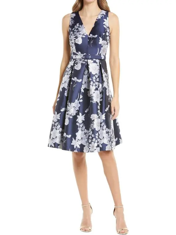 Eliza J Floral Satin Fit & Flare Dress - Navy