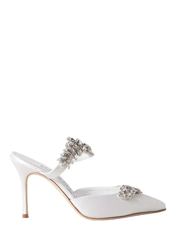 Manolo Blahnik Lurum 90 Crystal-embellished Satin Mules - White