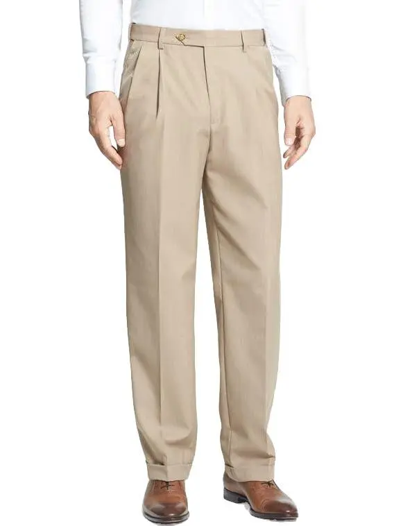 Berle Self Sizer Waist Plain Weave Pleated Washable Trousers - Tan