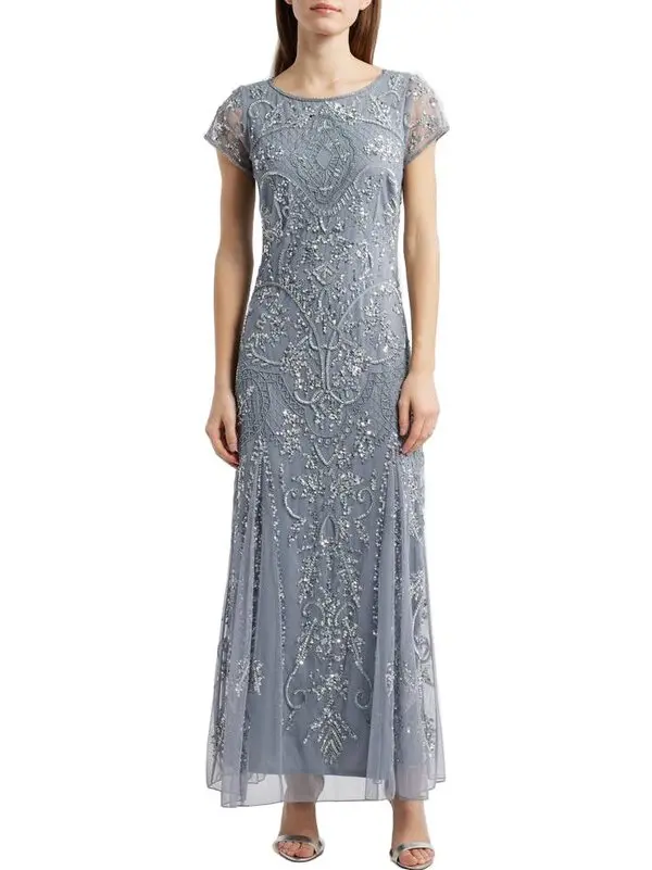 Pisarro Nights Beaded Mesh Midi Cocktail Dress - Soft Blue