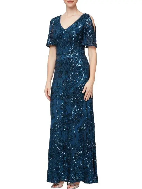 Alex Evenings Sequin Lace Cold Shoulder Trumpet Gown - Deep Ocean