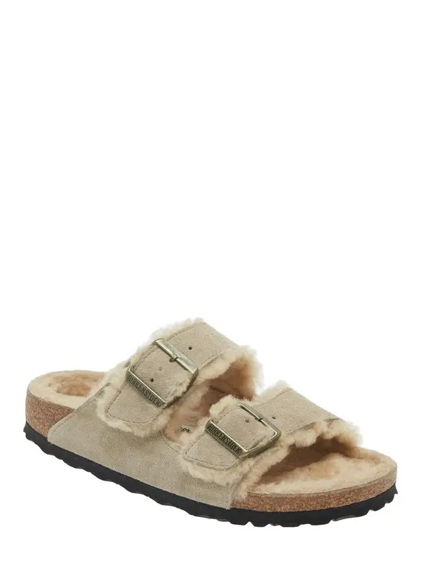 BIRKENSTOCK Arizona Genuine Shearling Slide Sandal - Taupe