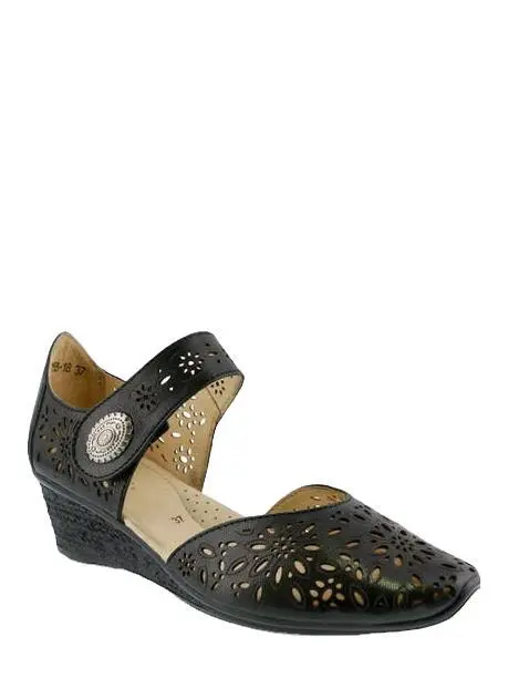SPRING STEP SHOES Daisy-cut Wedge Pumps - Black Leather