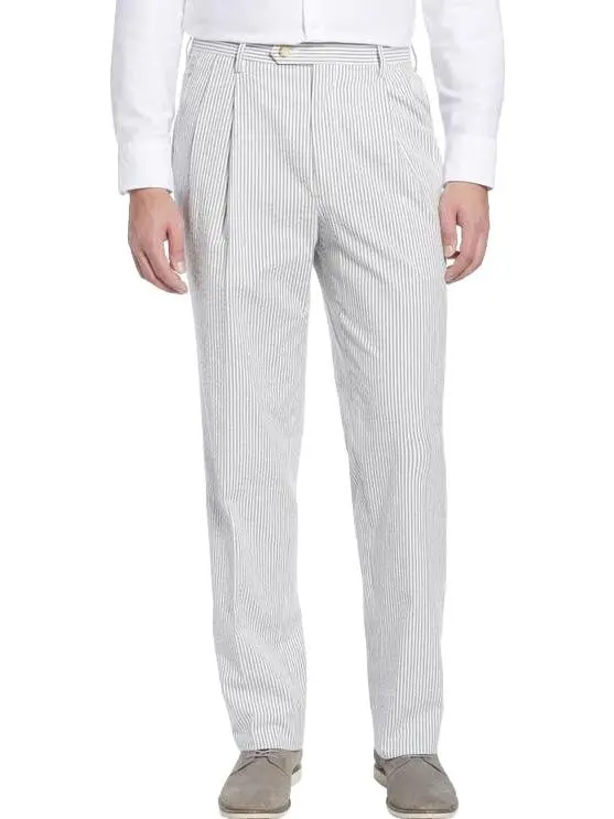 Berle Pleated Seersucker Cotton Dress Pants - Grey