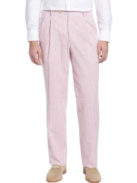 Berle Pleated Seersucker Cotton Dress Pants - Red