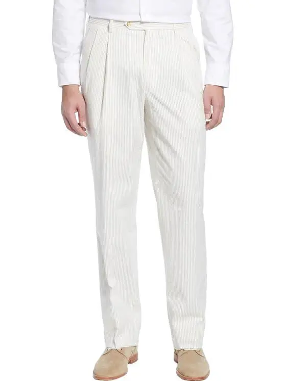 Berle Pleated Seersucker Cotton Dress Pants - Tan
