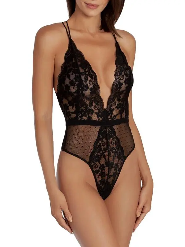 IN BLOOM BY JONQUIL Plunge Neck Lace Thong Teddy - Black