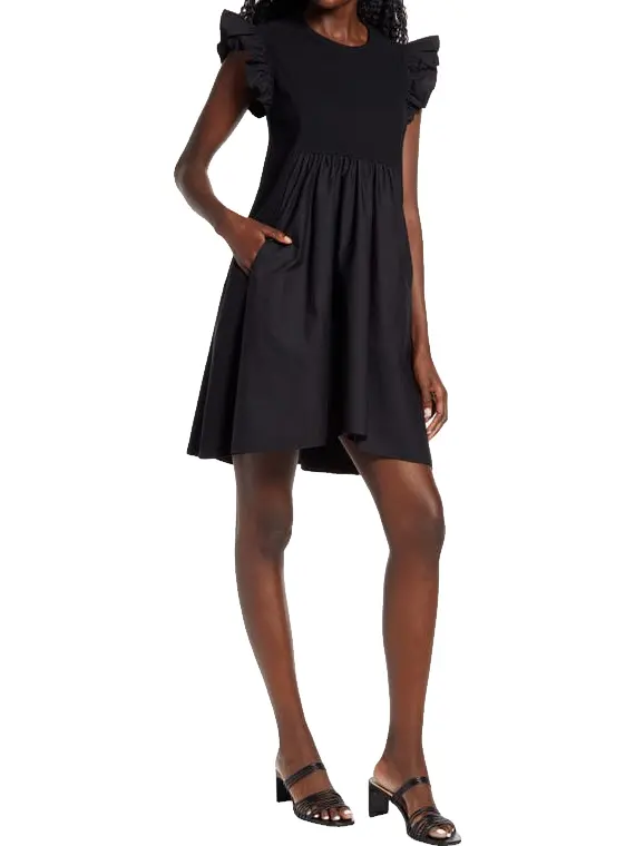 English Factory Mixed Media Ruffle Dress - Black