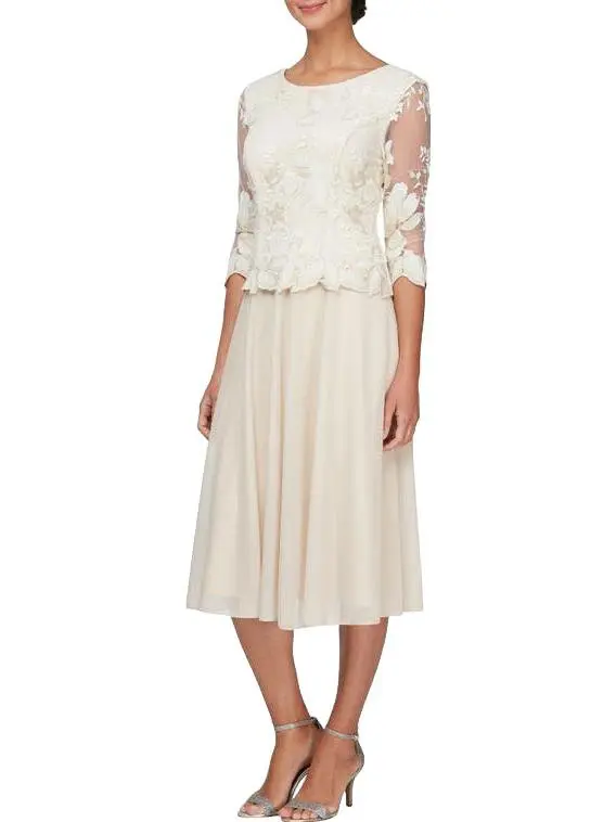 Alex Evenings Illusion Sleeve Embroidered Midi Dress - Taupe