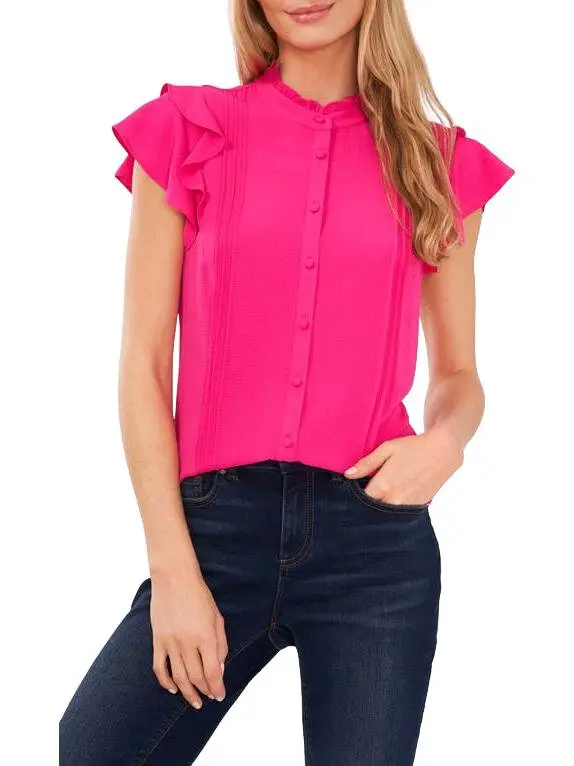 CECE DUPRAZ Pintuck Ruffle Short Sleeve Blouse - Bright Rose
