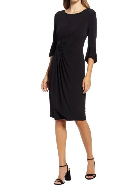 CONNECTED APPAREL Ruched Faux Wrap Cocktail Dress - Black