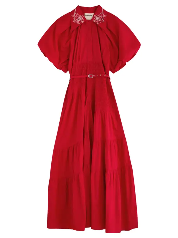 LOVEBIRDS Tiered Belted Cotton Midi Shirt Dress - Red