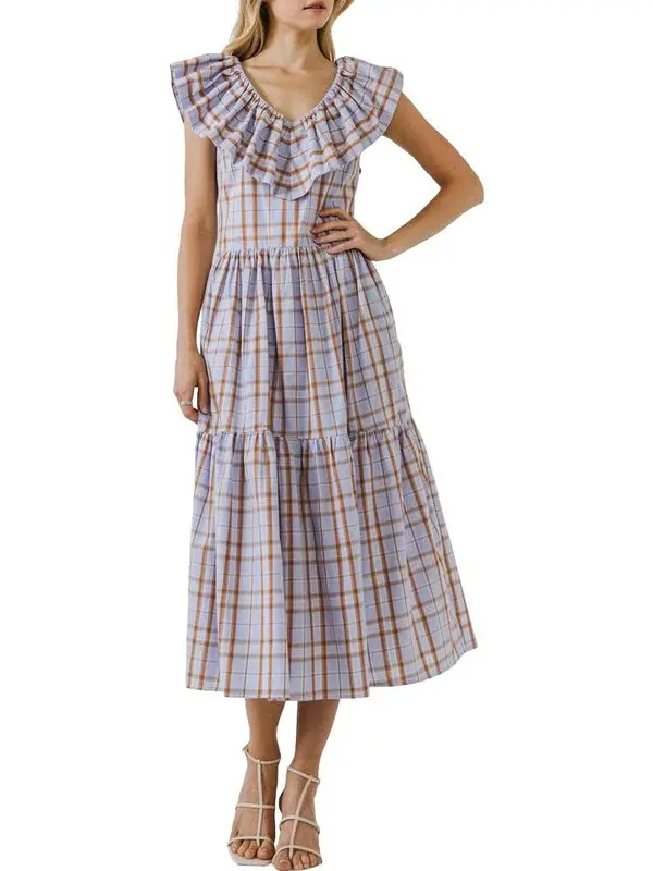 English Factory Plaid Cotton Midi Dress - Purple