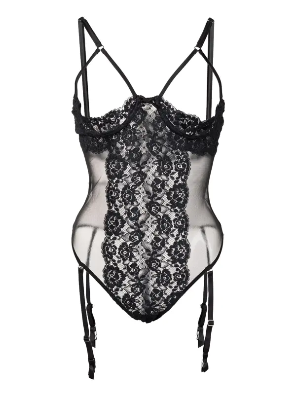 Fleur Du Mal Foxy Lace Peekaboo Garter Bodysuit - Black
