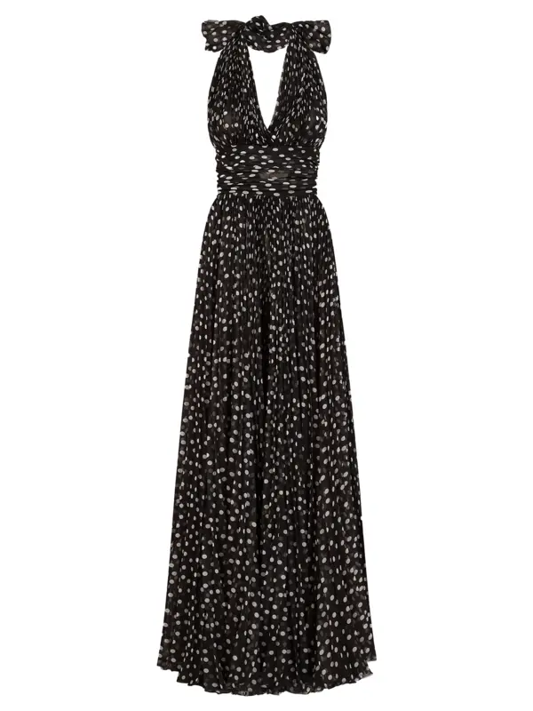 Dolce & Gabbana Long Dress In Polka-dot Print Chiffon - Black