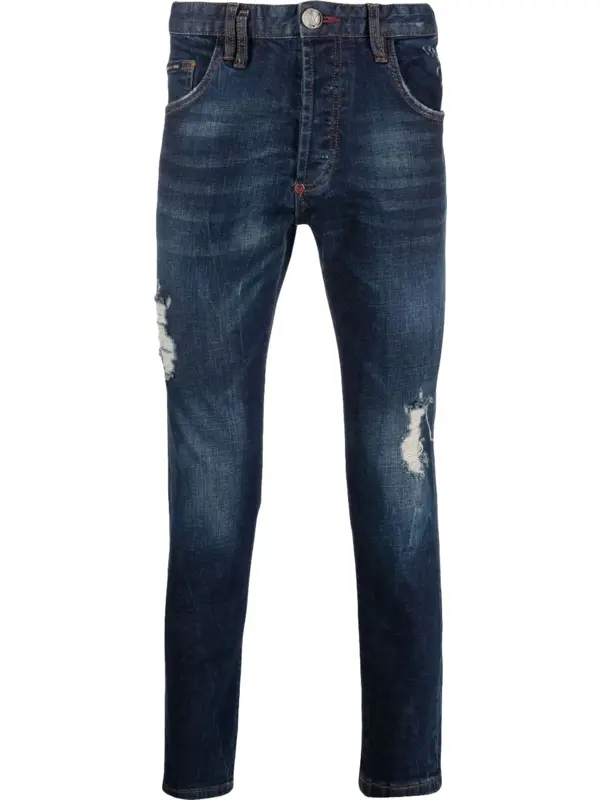 Philipp Plein Distressed Straight-leg Jeans - Blue