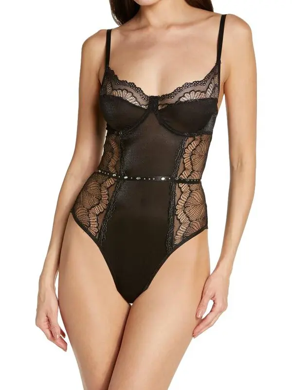 COQUETTE Embellished Underwire Lace Teddy - Black