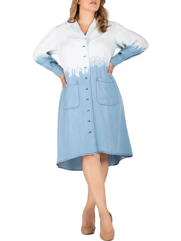STANDARDS & PRACTICES Dip Dye Long Sleeve Shirt Dress - Blue Dip Dye