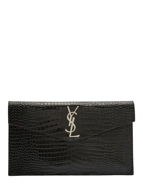 Saint Laurent Uptown Pouch In Croc-embossed Leather - Black