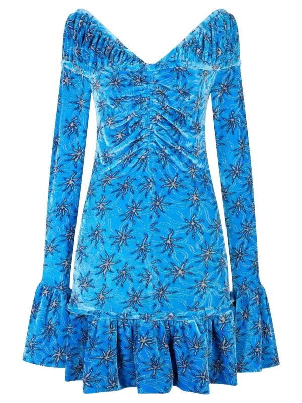 Rabanne Floral-print Flared Velvet Minidress - Blue
