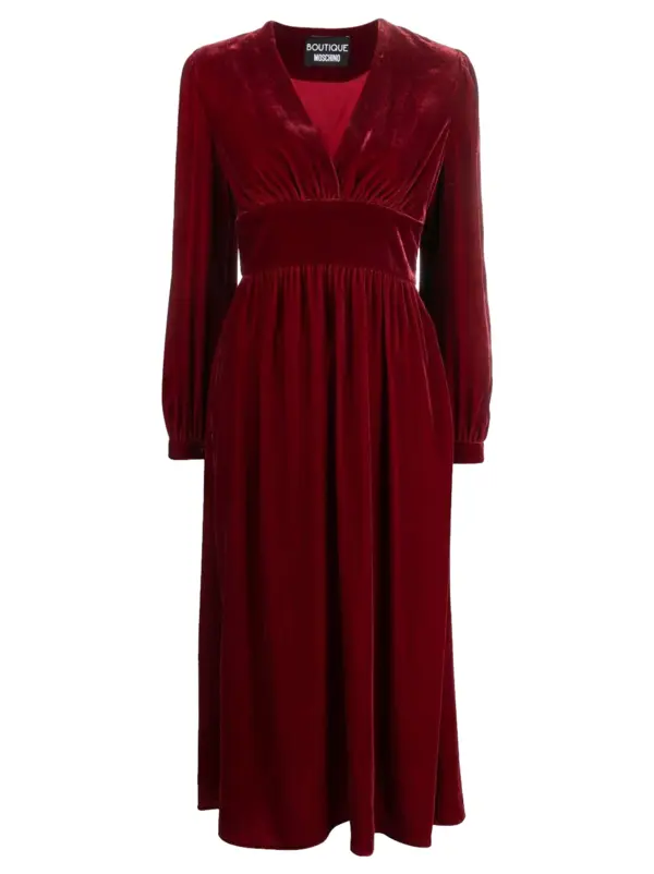 Boutique Moschino V-neck Velvet Midi Dress - Red