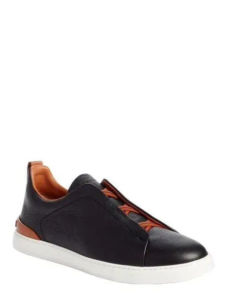Zegna Triple Stitch Deerskin Leather Slip-on Sneakers - Black/foliage