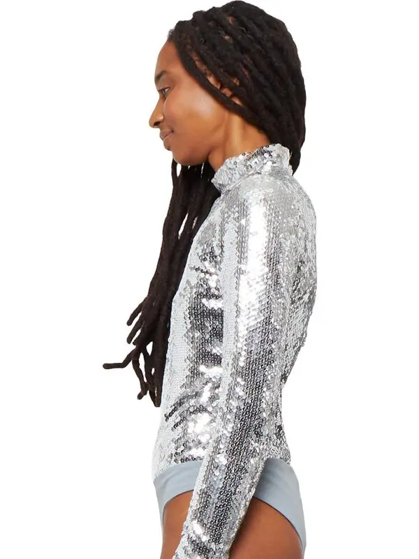 Brandon Maxwell Long Sleeve Sequin Bodysuit - Silver