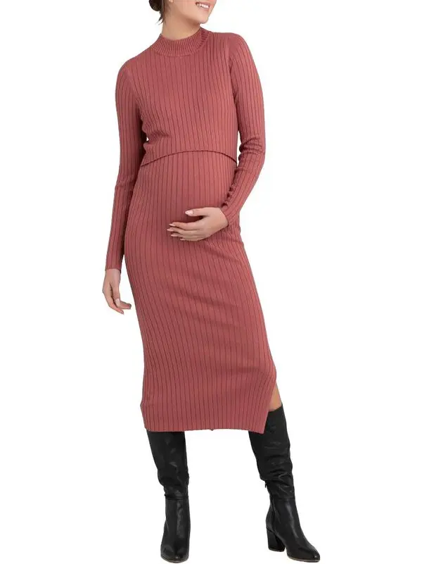 RIPE MATERNITY Nella Long Sleeve Rib Dress - Rouge