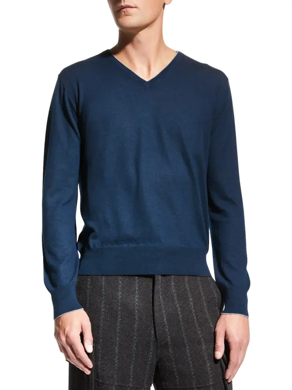 Neiman Marcus Extra Lightweight Wool-cashmere V-neck Sweater - Navy