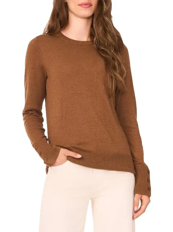 Halogen Button Cuff Crewneck Sweater - Rich Cognac