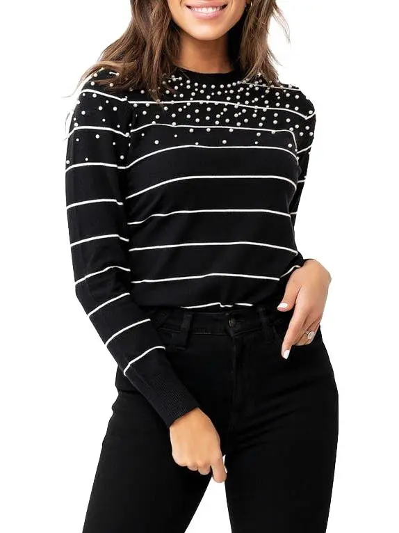 GIBSONLOOK Striped Sweater With Pearly Embellishments - Blk/ivory Stripe