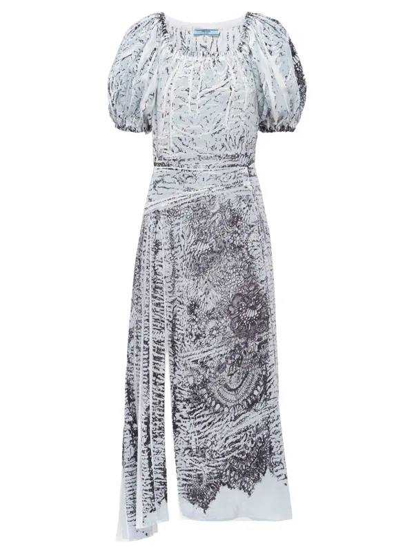 Prada Coral-print Silk Midi Dress - Grey