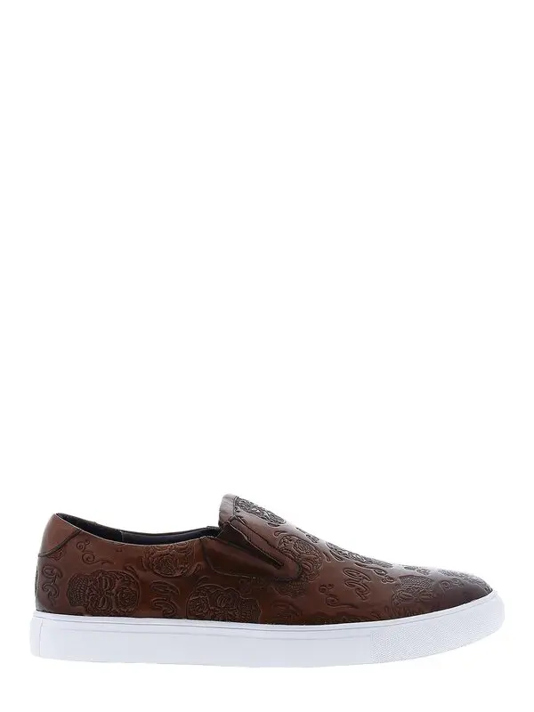 Robert Graham Debossed Skull Leather Slip-on Sneakers - Cognac