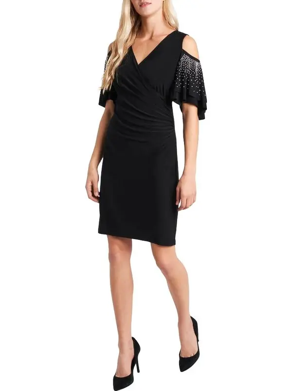 Chaus Cold Shoulder Wrap Front Dress - Black 001