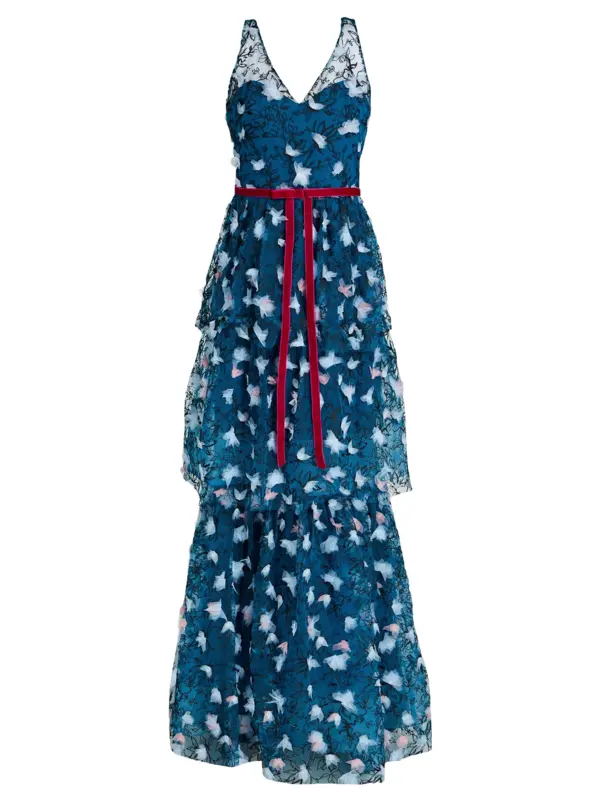 Marchesa Tiered Embellished Tulle Gown - Petrol