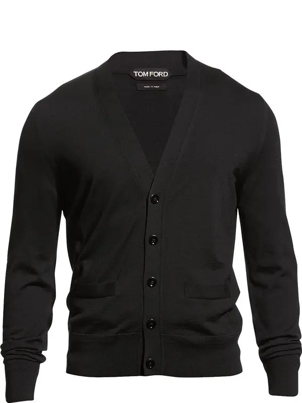 TOM FORD Tonal Wool Cardigan Sweater - Black Solid