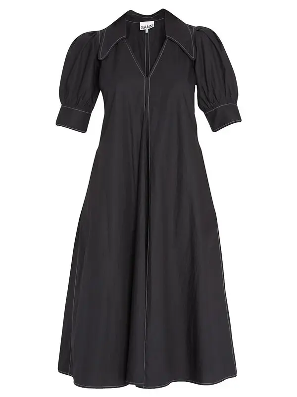 GANNI Poplin Topstitched Midi Dress - Black