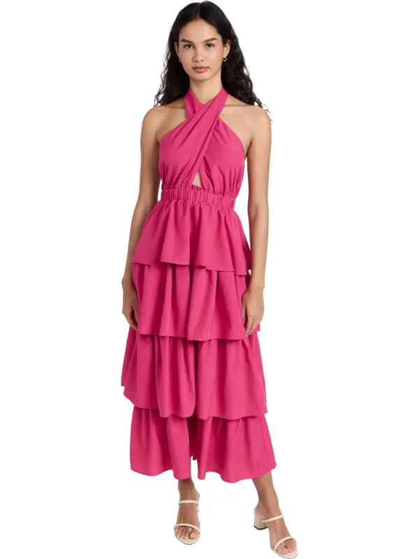 Endless Rose Crossed Halter Neck Tiered Maxi Dress - Fuchsia