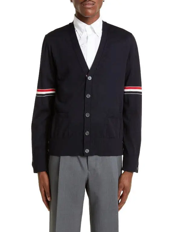 Thom Browne Stripe Armbands Merino Wool Cardigan - Navy