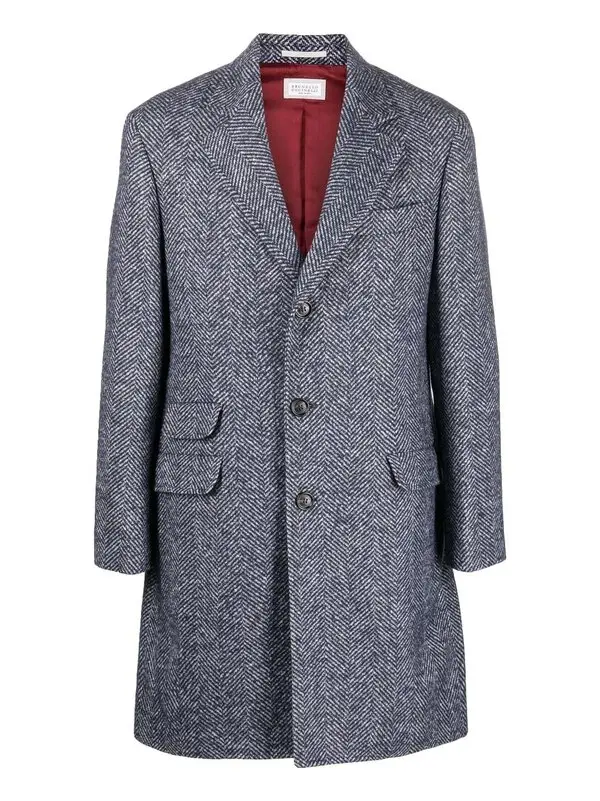 Brunello Cucinelli Herringbone-pattern Midi Coat - Blue