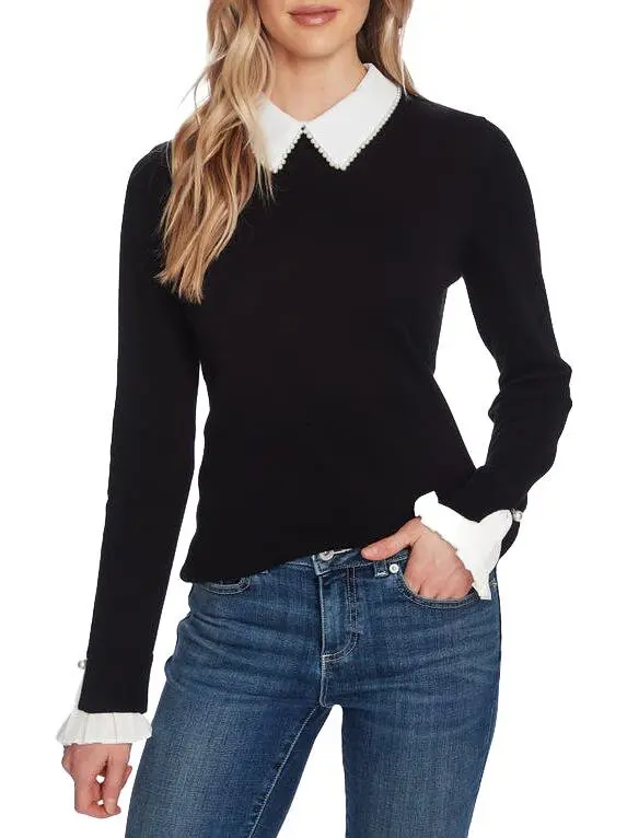 CECE DUPRAZ Imitation Pearl Peter Pan Collar Cotton Sweater - Rich Black