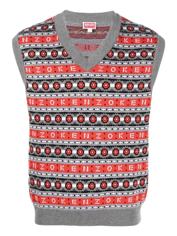 Kenzo Embroidered-logo Striped Wool Sweater Vest - Grey