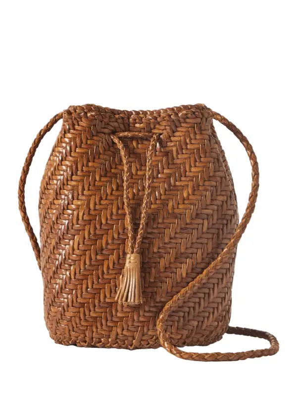 Dragon Diffusion Pompom Double Jump Woven Leather Bucket Bag - Brown