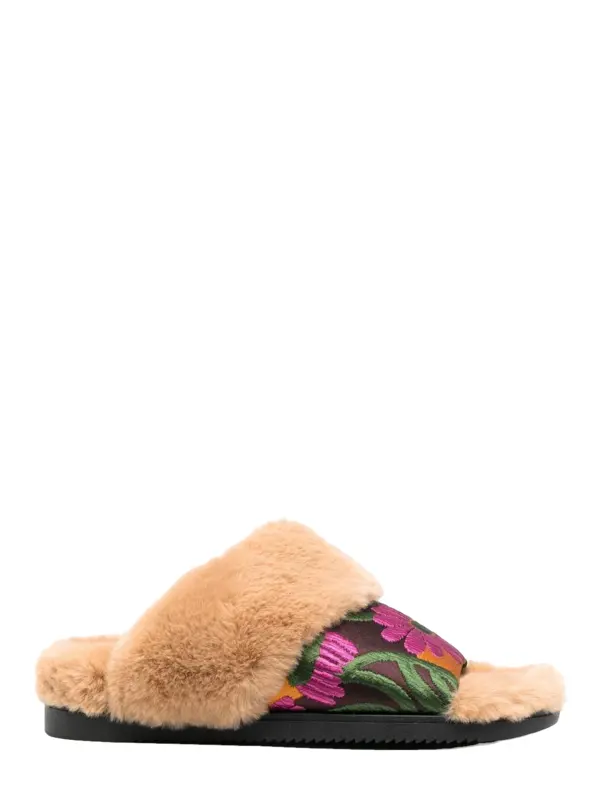 La DoubleJ Faux-fur Floral Slides - Neutrals