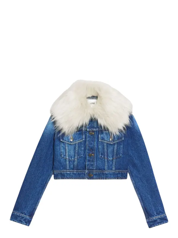 Ami Furry Collar Denim Jacket - Blue